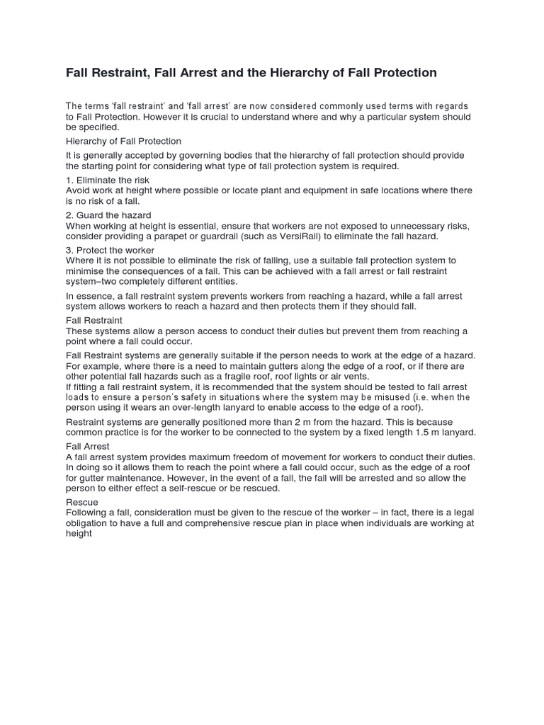Fall Protection Hierarchy and Restraint vs Arrest | PDF | Prevention | Risk