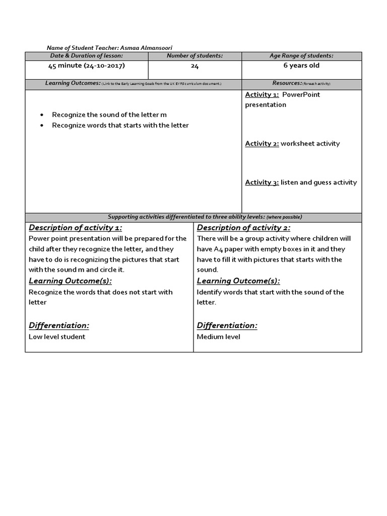Letter M Sound Lesson Plan | PDF | Educational Psychology | Psychology