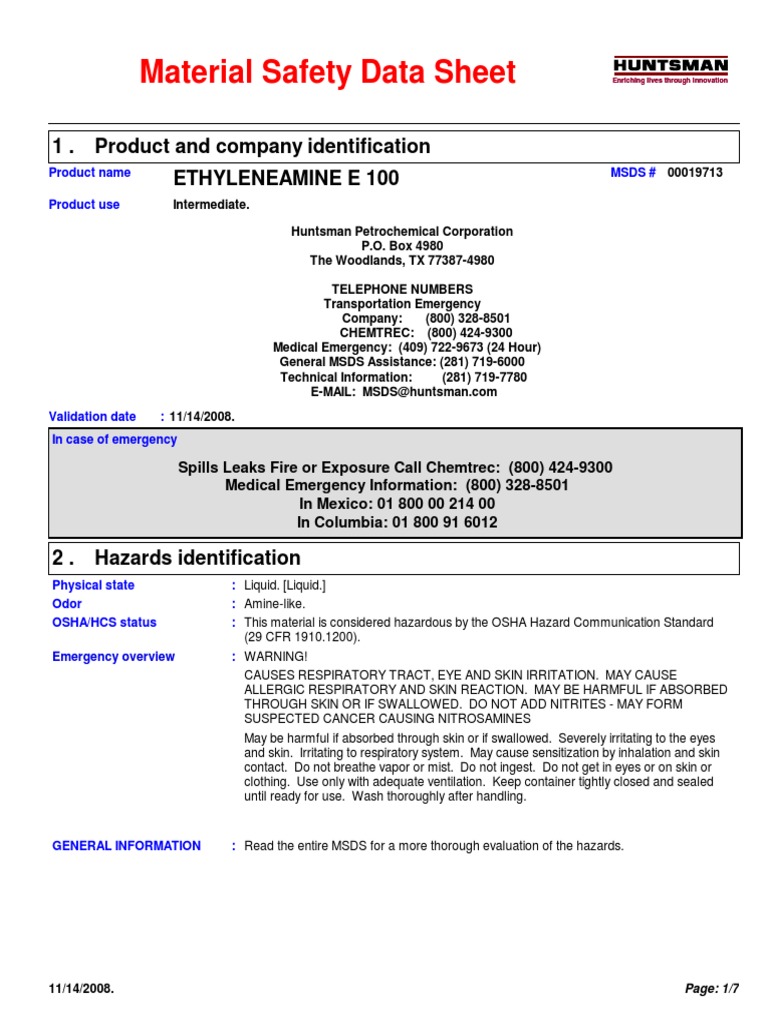 2142 Ethyleneamine e 100 (English (Us)) Am Iss Msds (Ansi z400.1) v3.4 ...