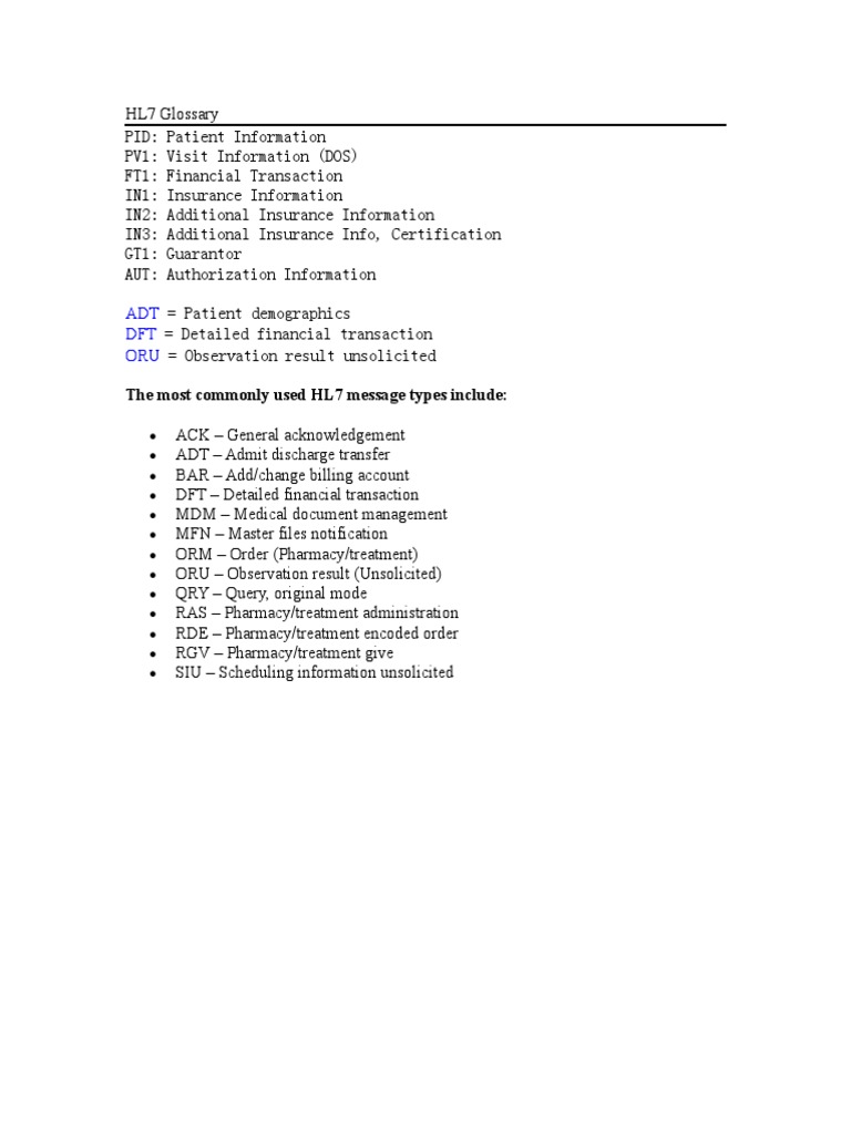 ADT DFT ORU: The Most Commonly Used HL7 Message Types Include | PDF