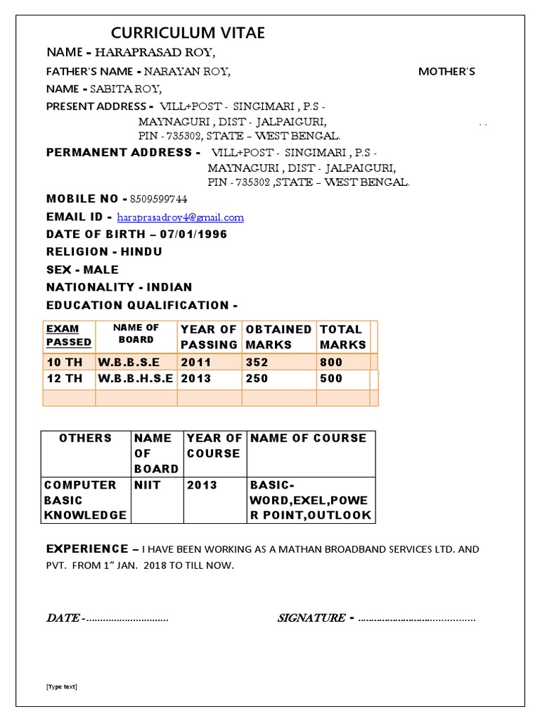 Curriculum Vitae: Name - Haraprasad Roy | PDF