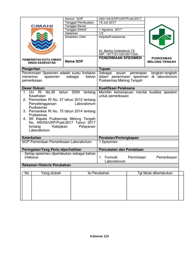 8.1.2.1 Sop Penerimaan Spesimen | PDF