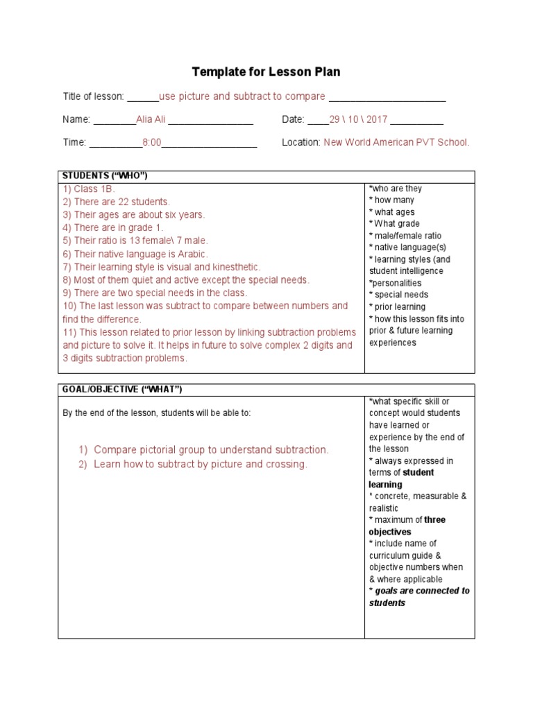 Template For Lesson Plan: Use Picture and Subtract To Compare | PDF ...