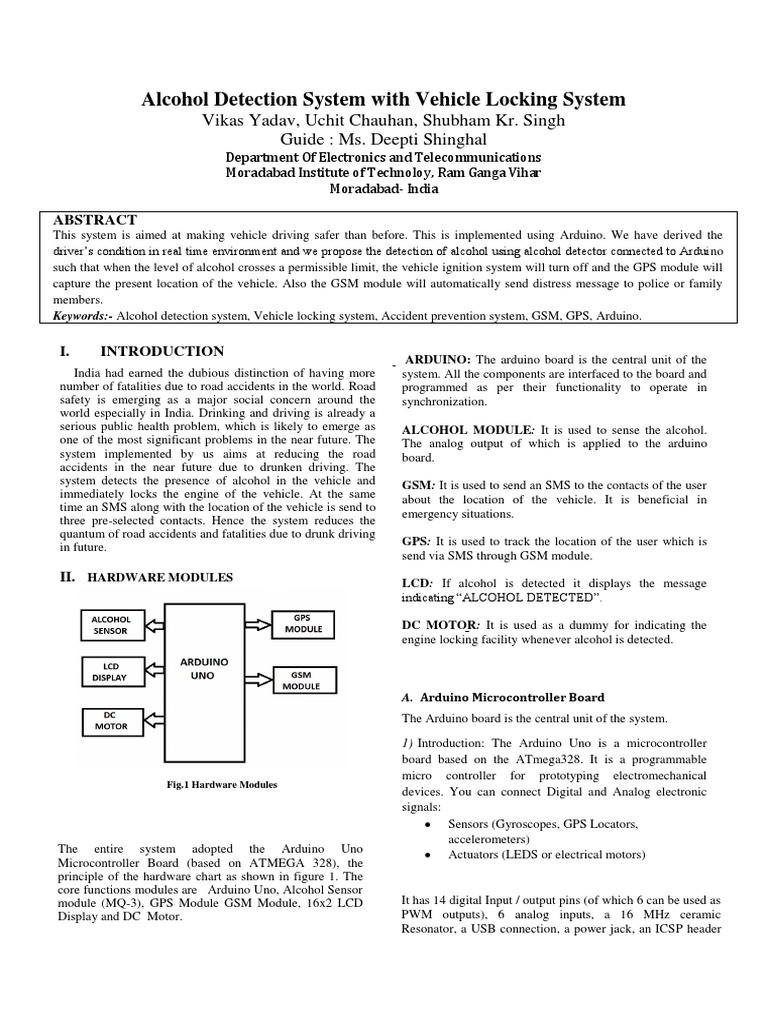 Alcohol Detection System And Engine Locking System Pdf Arduino Microcontroller