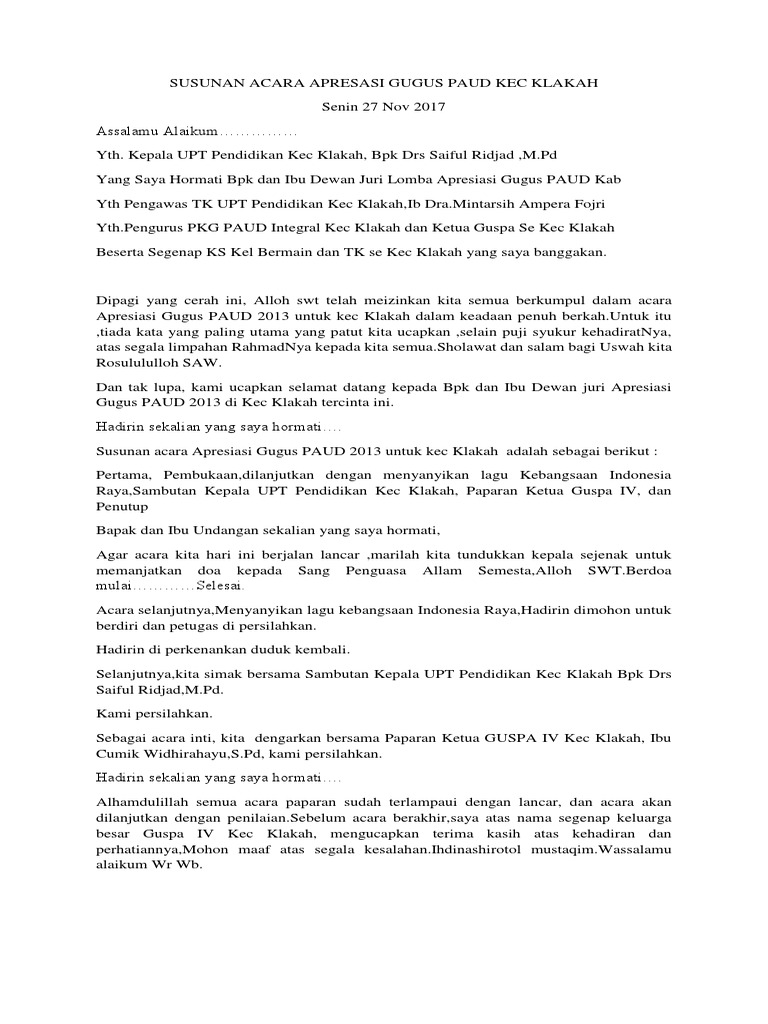 Susunan Acara Apresasi Gugus Paud Kec Klakah | PDF