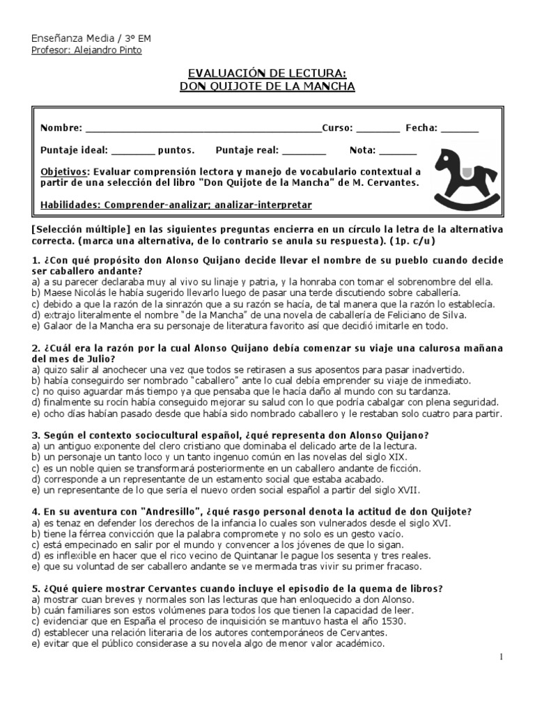 Evaluación de Lectura: Don Quijote | PDF | Don Quijote | Miguel De ...