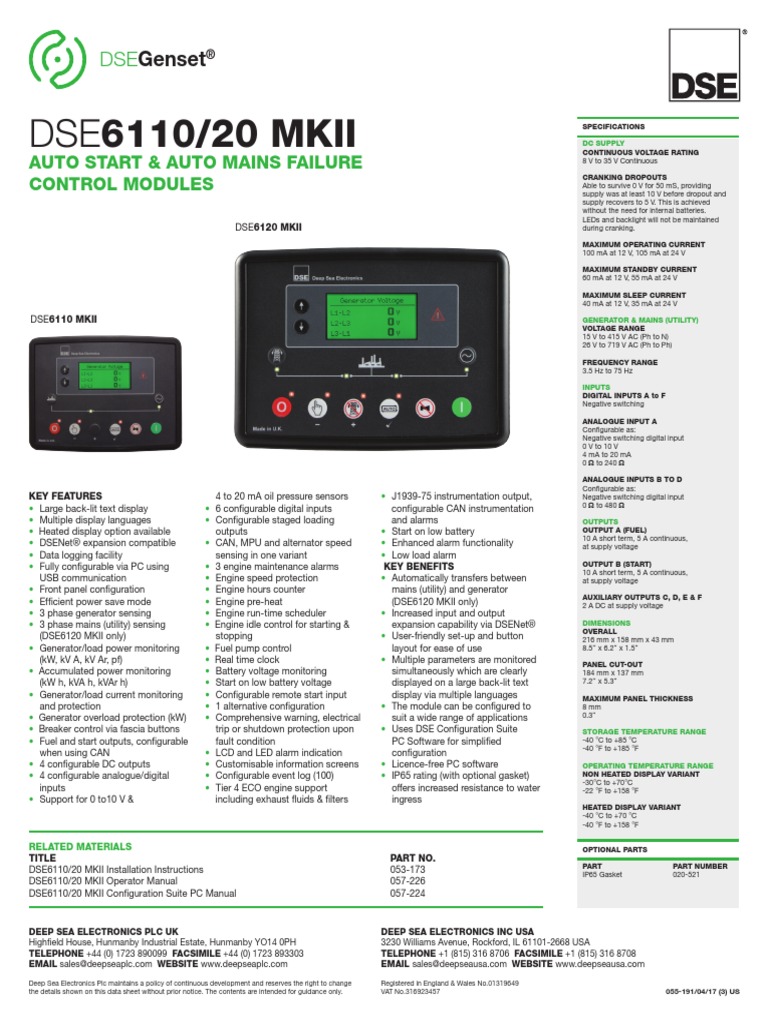 Dse6110 Dse6120 Mkii Data Sheet (Usa) | PDF | Mains Electricity ...