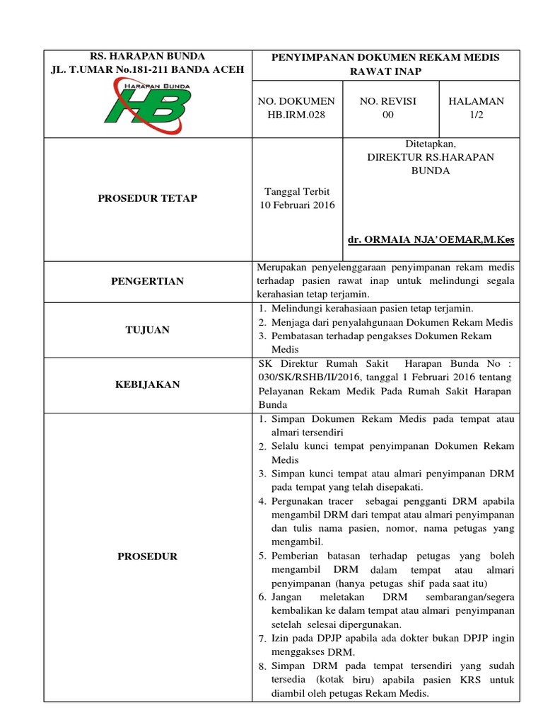 28 SOP Penyimpanan Dokumen Rekam Medis Rawat Inap | PDF
