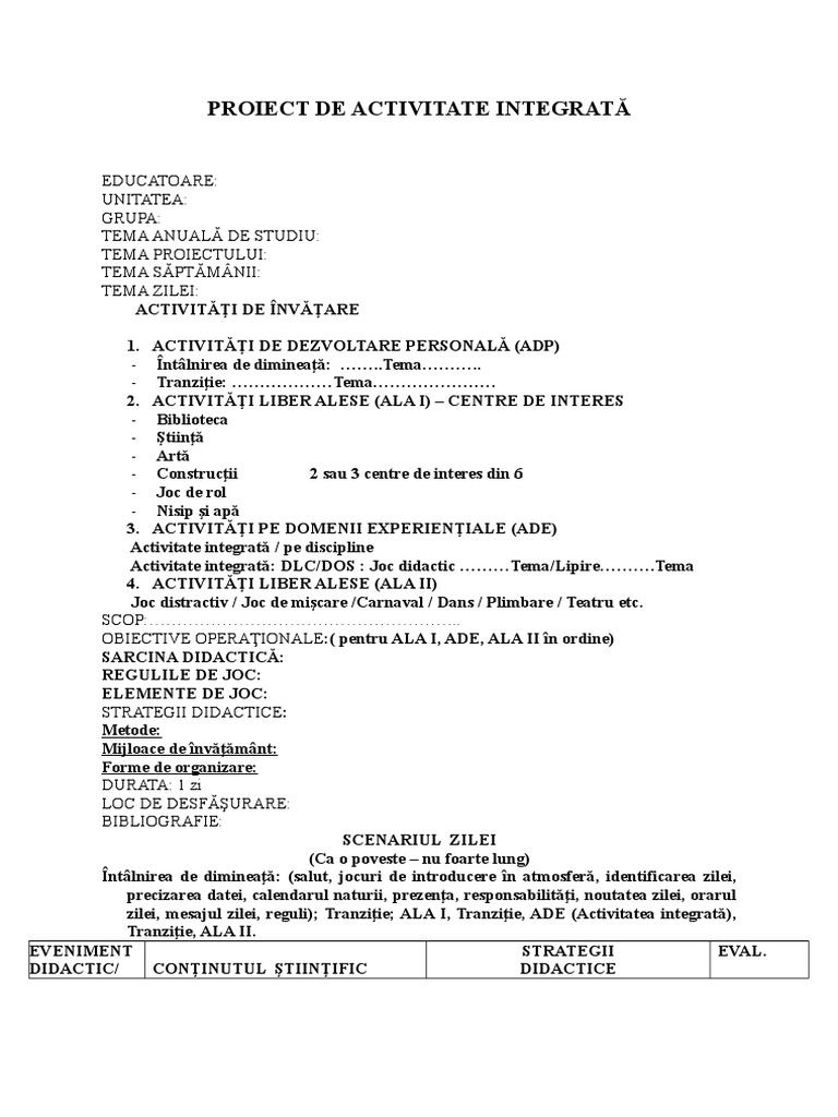 Model Proiect de Activitate Integrata | PDF