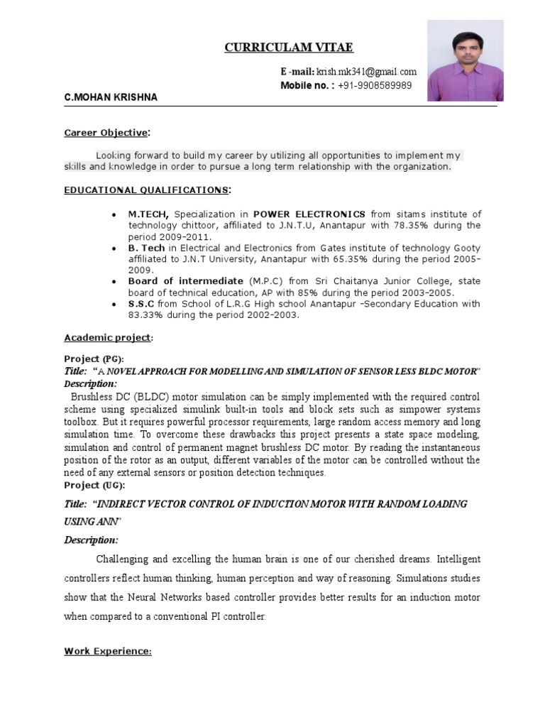 C. Mohan Krishna's Professional CV | PDF | Electrical Engineering ...