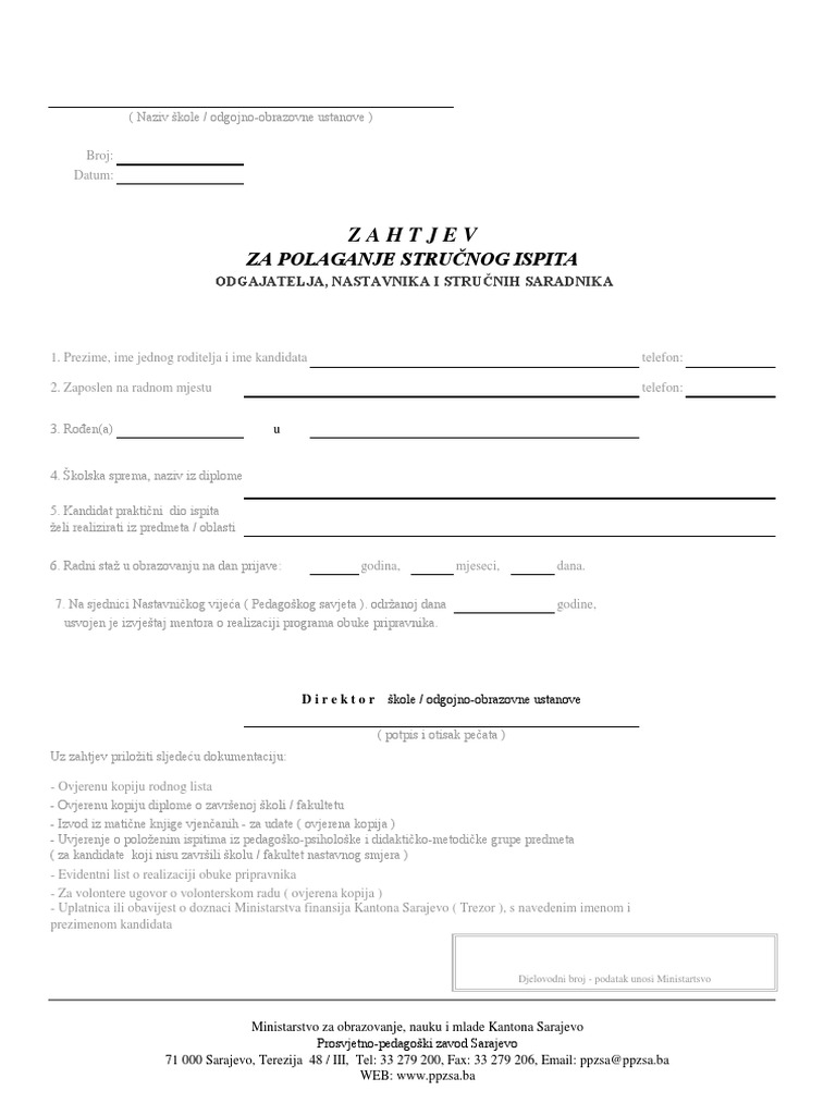 Zahtjev Za Polaganje Strucnog Ispita | PDF