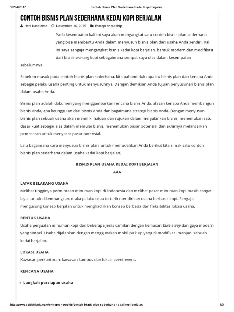Contoh Bisnis Plan Sederhana Kedai Kopi Berjalan Pdf