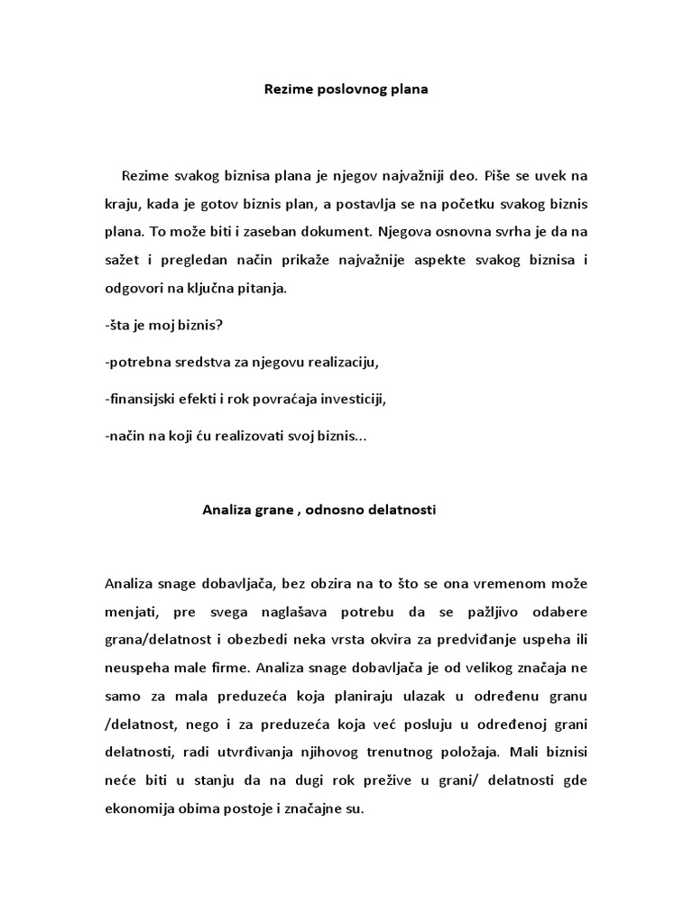 Rezime Poslovnog Plana | PDF