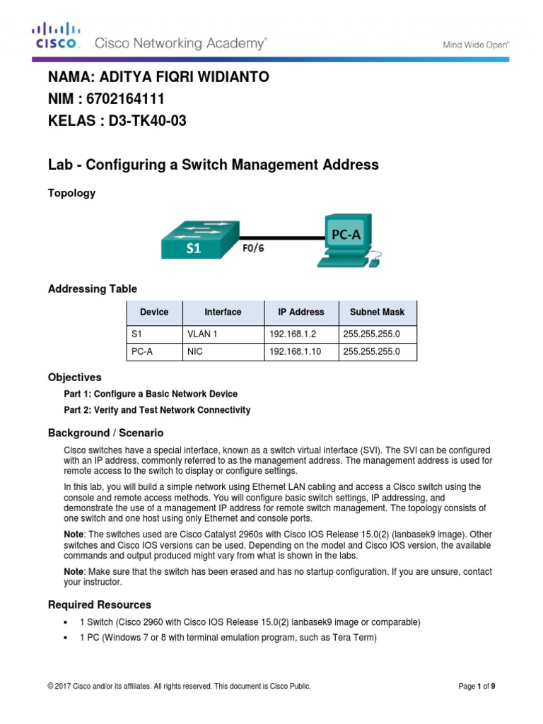 2.3.3.4 Lab - Configuring A Switch Management Address | PDF | Network Switch | Computer Network