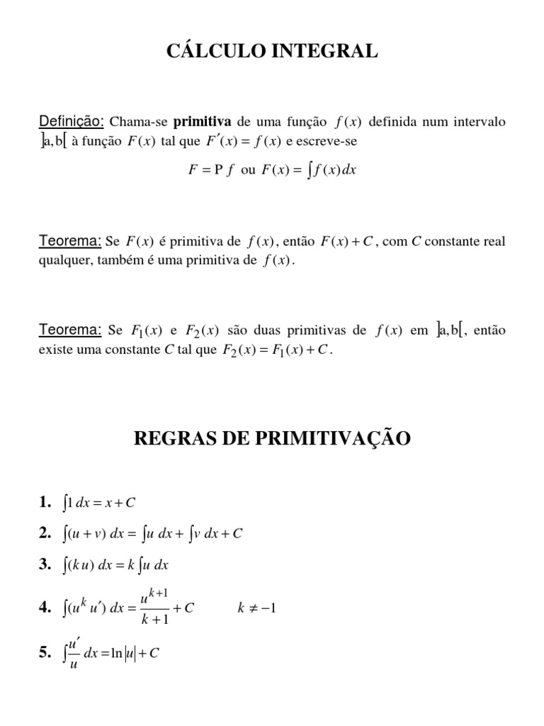 Regras Integral (Primitivação) | PDF | Integrante | Matemática elementar