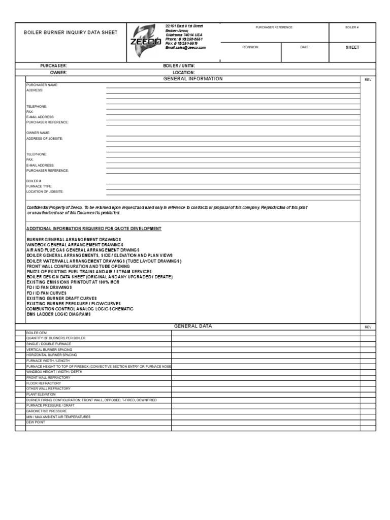 ZEECO Boiler Burner Data Sheet | PDF | Boiler | Furnace