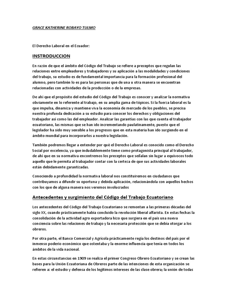 Derecho Laboral en Ecuador: Código y Principios | PDF | Derecho laboral ...
