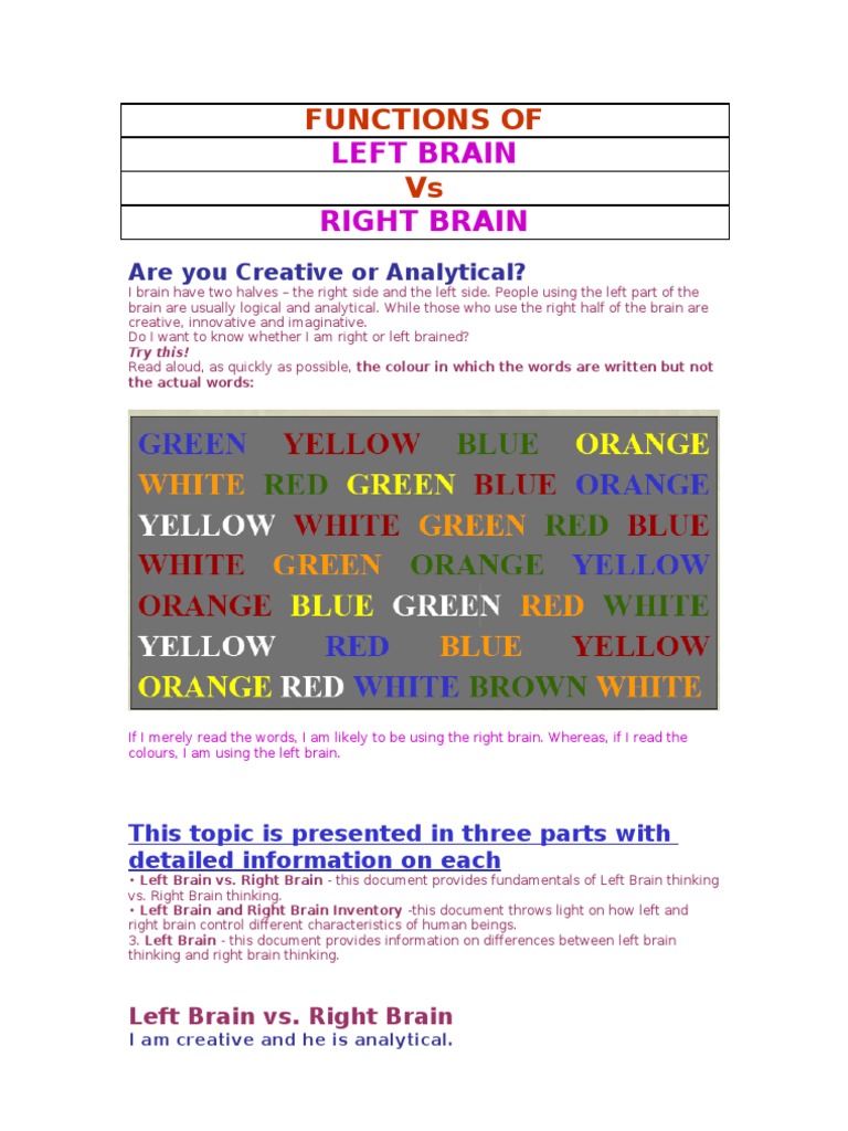 FUNCTIONS of Left Brain Vs Right Brain | PDF | Lateralization Of Brain ...