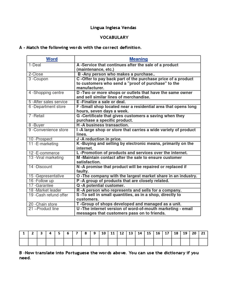 Vocabulary for English Sales Terms | PDF | Product (Business) | Internet