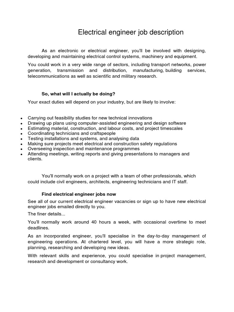 Electrical Engineering Job Description
