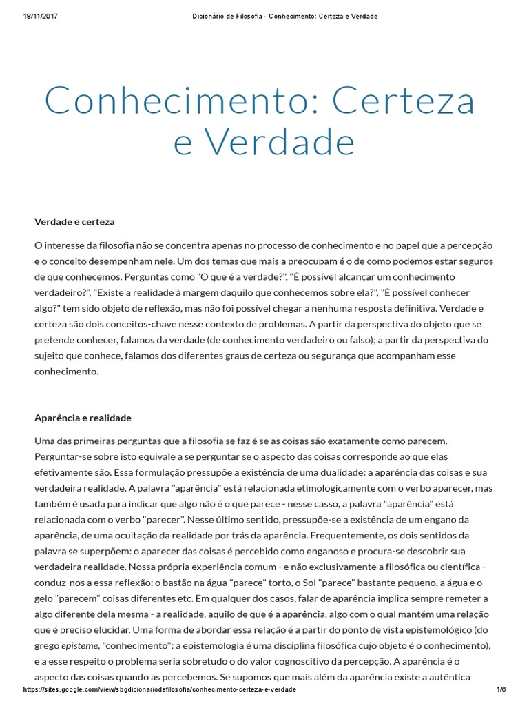 Conhecimento: Certeza e Verdade na Filosofia | PDF | Verdade | Realidade