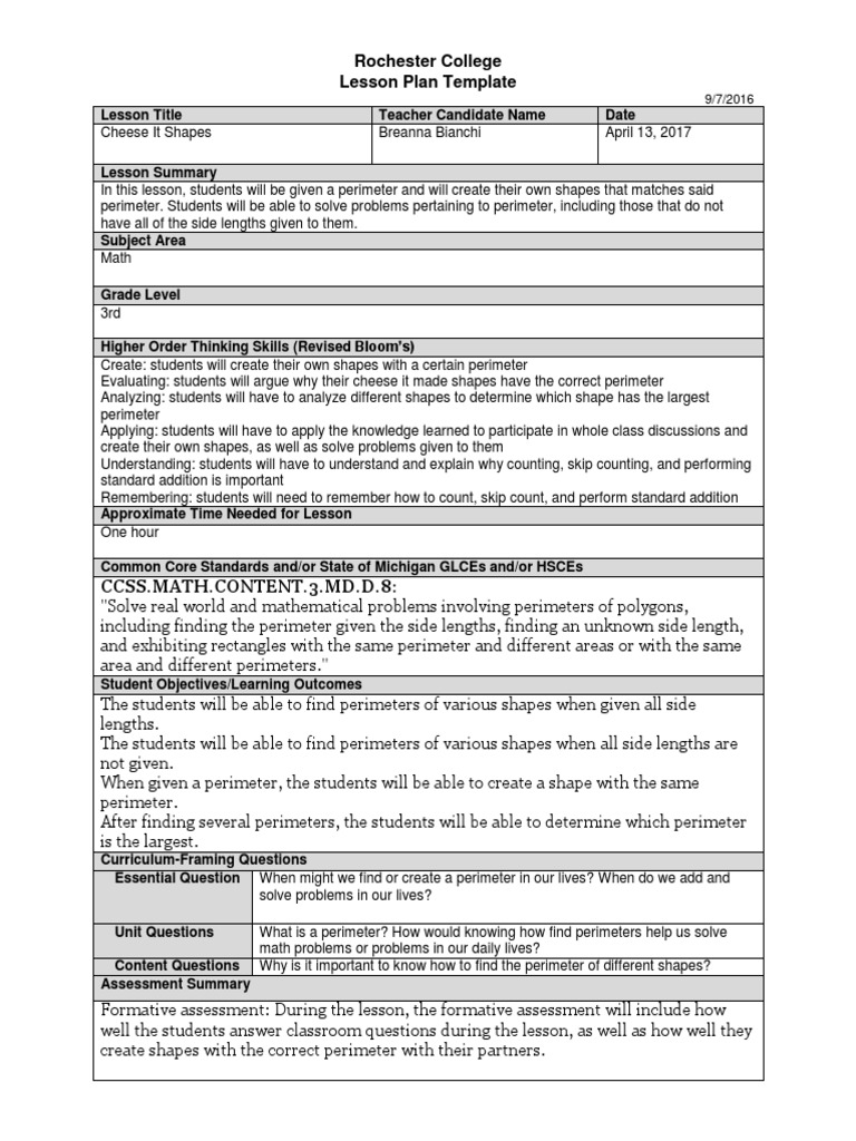 Perimeter Lesson Plan | PDF | Educational Assessment | Lesson Plan