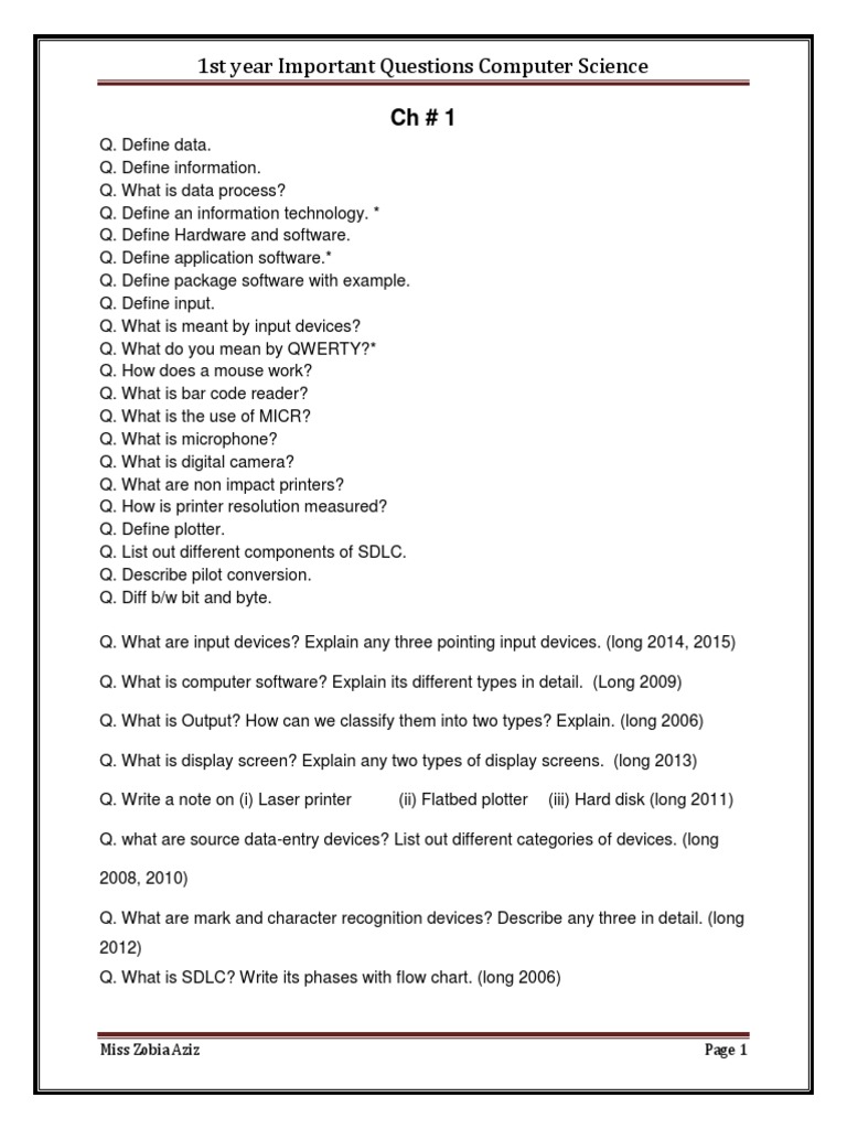 1st Year Computer Science Imp Questions Ch1 Inputoutput Printer Computing 9254