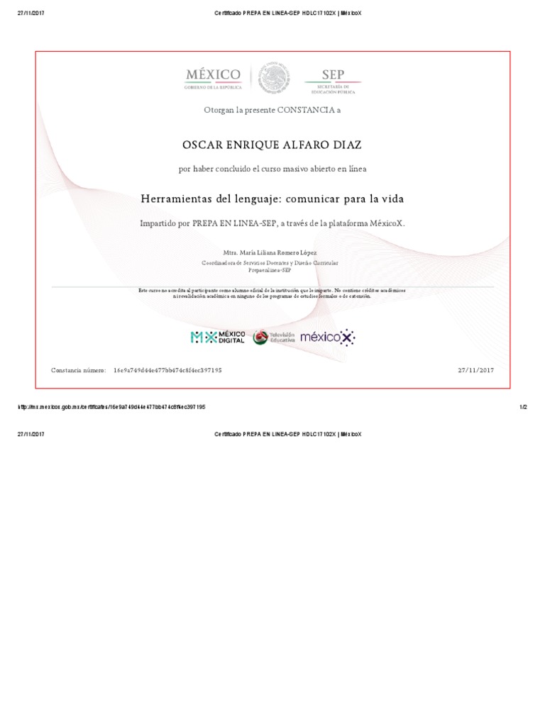 Certificado Prepa en Linea-Sep Hdlc17102x - Méxicox | PDF