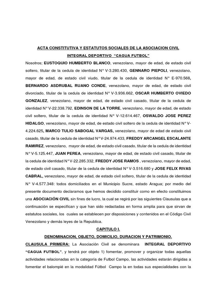 Acta Constitutiva y Estatutos Sociales de La Asociacion Civil | PDF | Pagaré | Junta Directiva