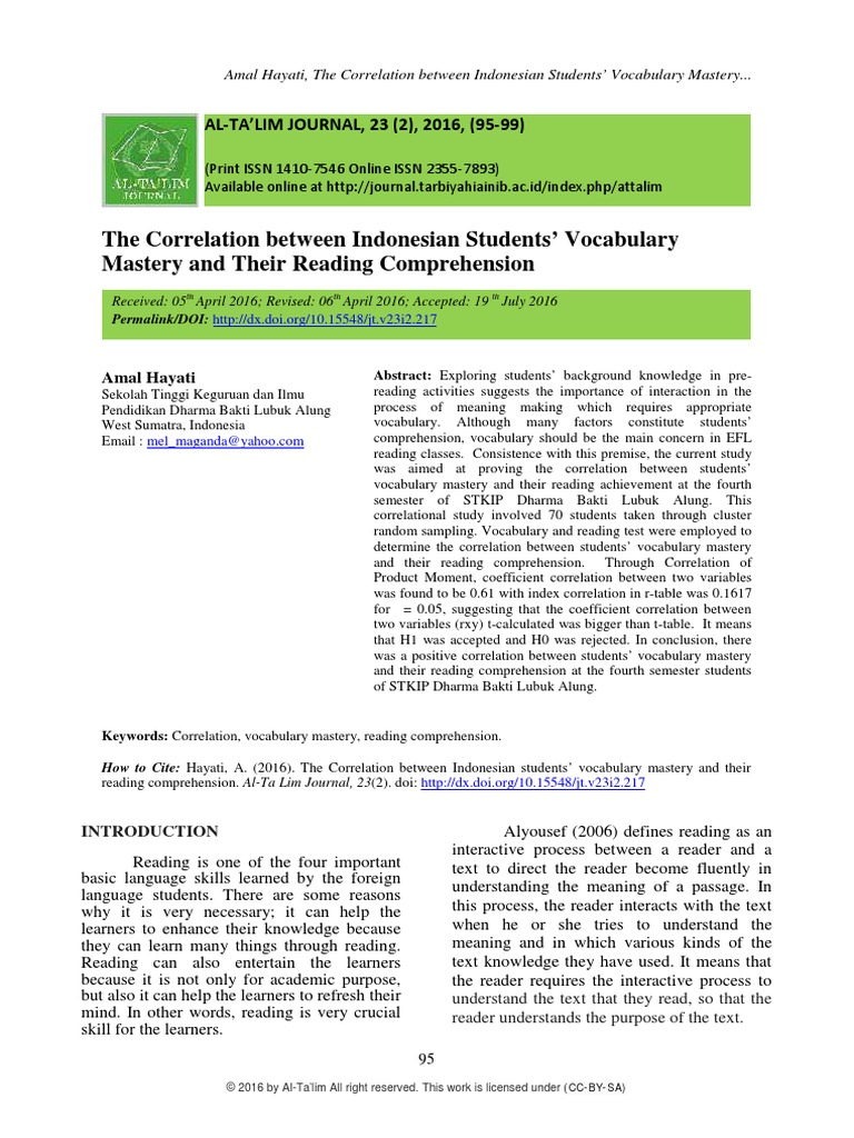 The Correlation Between Indonesian Students' Vocabulary: Mastery and Their Reading Comprehension ...