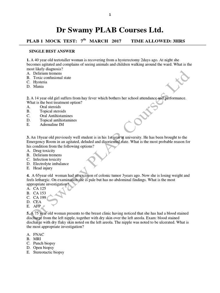 PLAB 1 Mock Test Questions | PDF | Hypertension | Birth Control