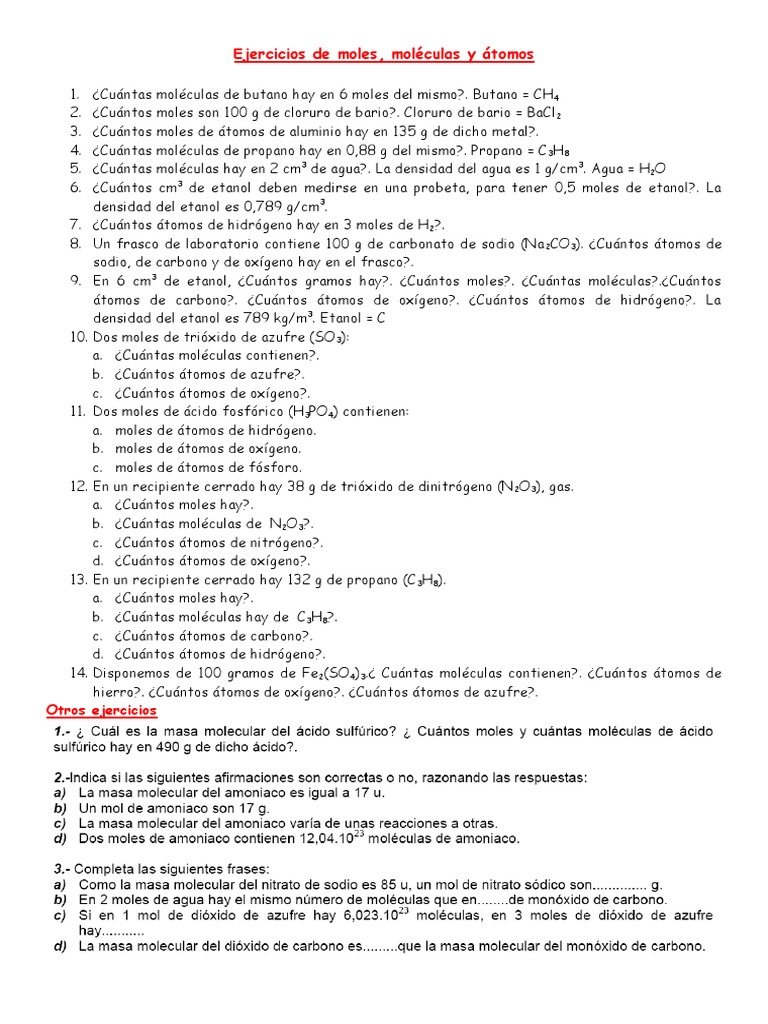 Ejercicios Moles Moleculas Y Atomos Pdf