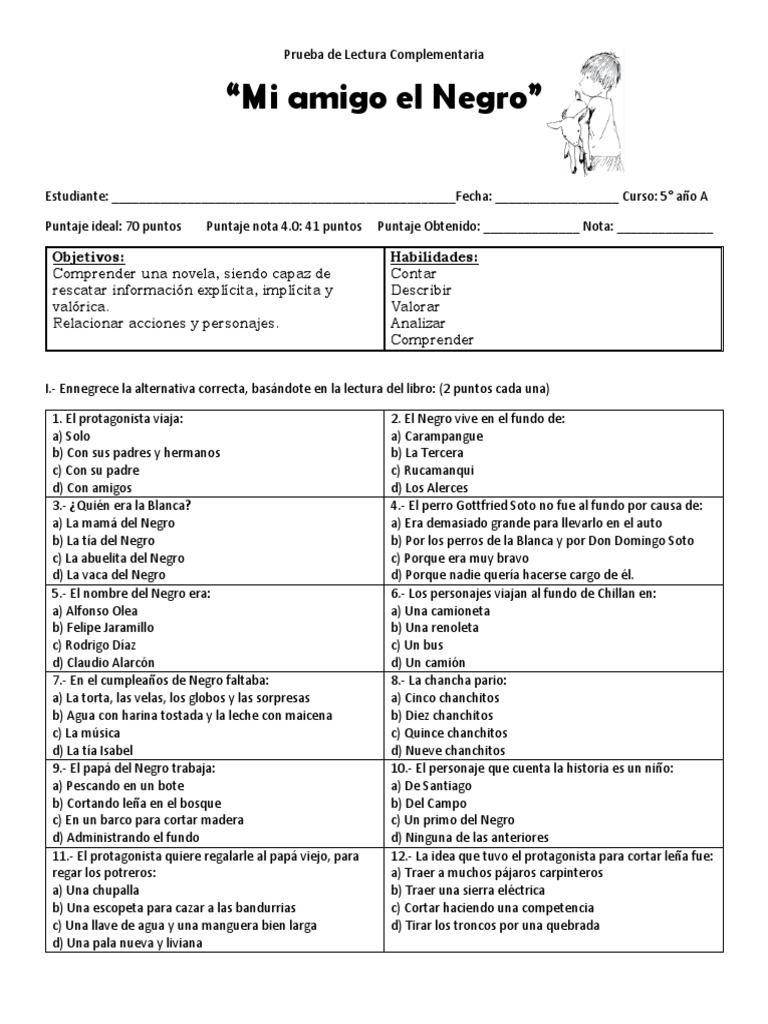Prueba de Lectura Complementaria - Mi Amigo El Negro | PDF | Ocio