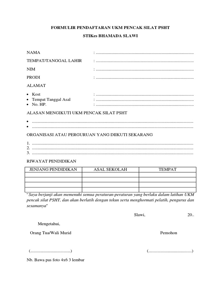 Formulir Pendaftaran Ukm Pencak Silat PSHT | PDF | Bisnis | Griya & Taman