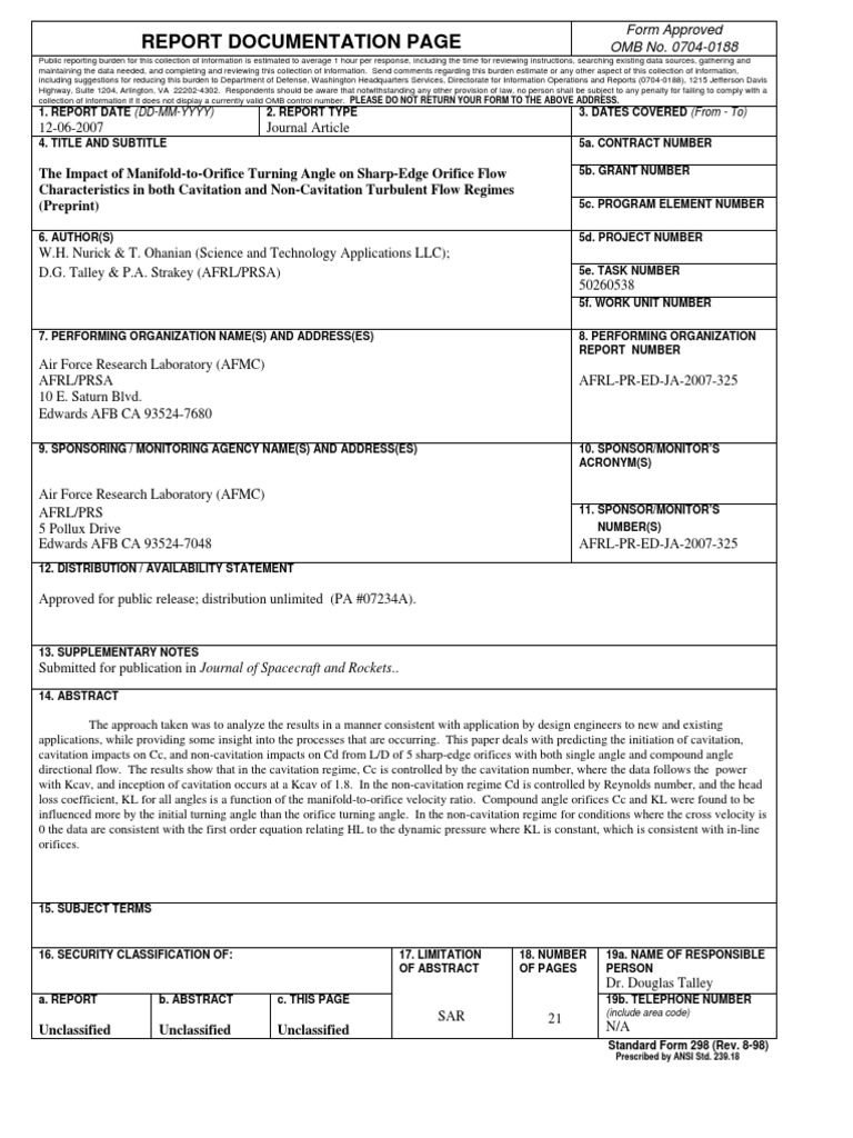Manifold-To-Orifice Turning Angle On Sharp-Edge Orifice Flow Cavitation ...
