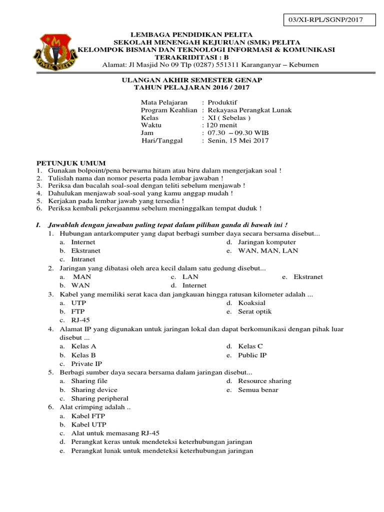 Soal UKK Produktif RPL Kelas XI Kurikulum 2006 | PDF