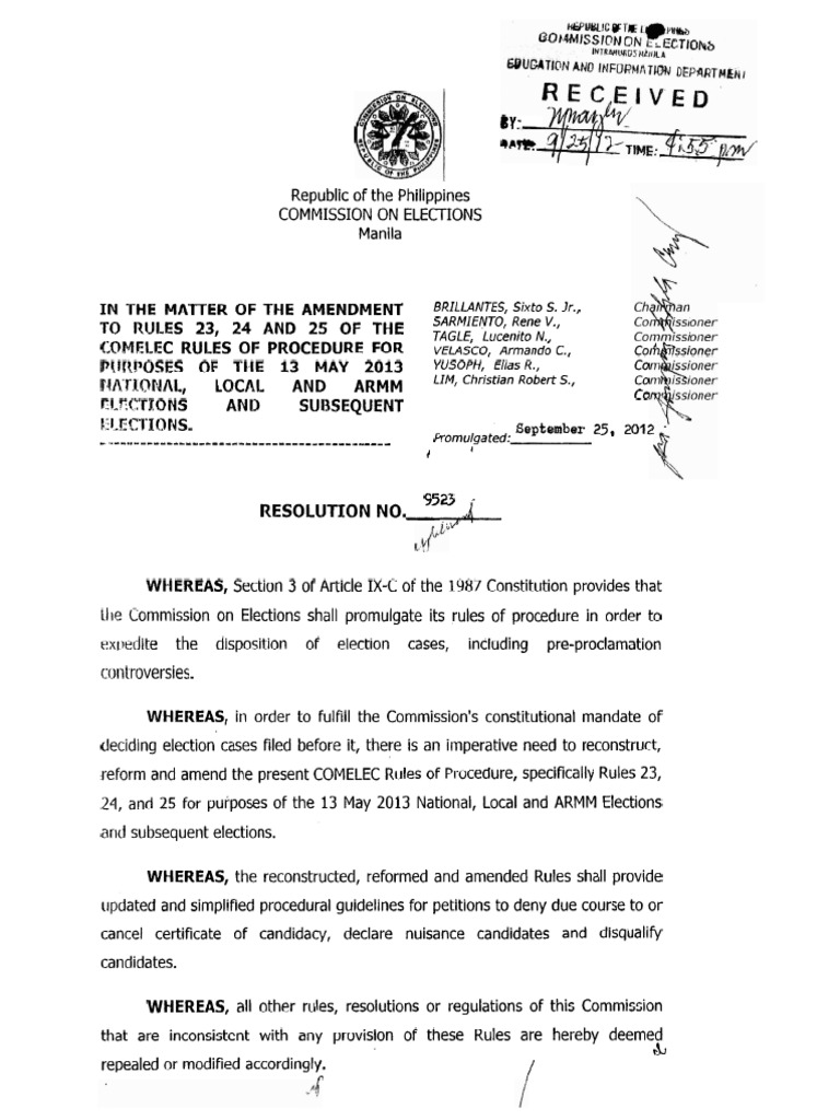 COMELEC Resolution No. 9523 | PDF | Judiciaries | Legal Procedure