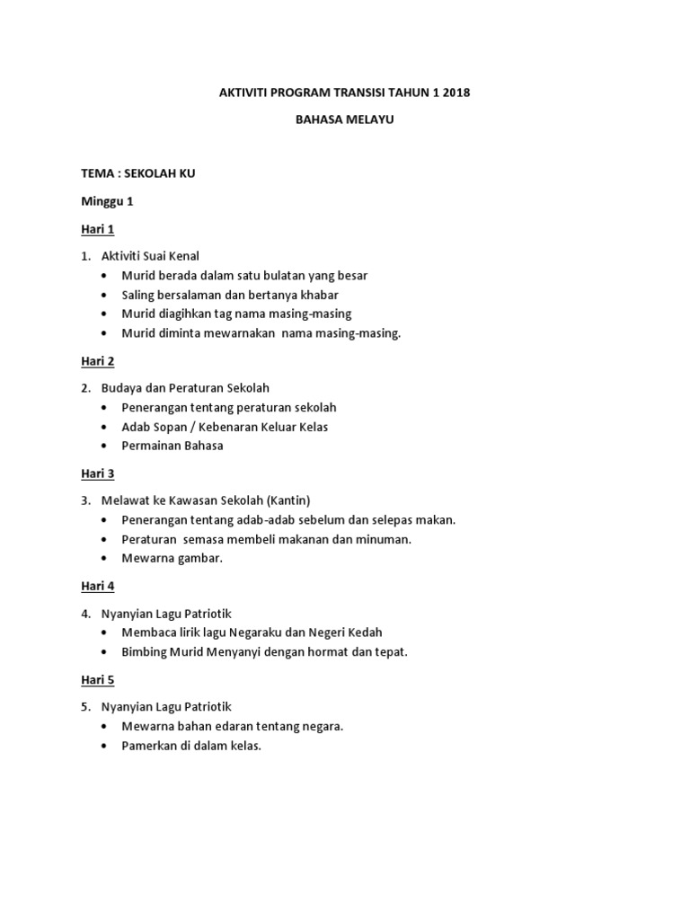 Aktiviti Program Transisi Tahun 1 2018 | PDF