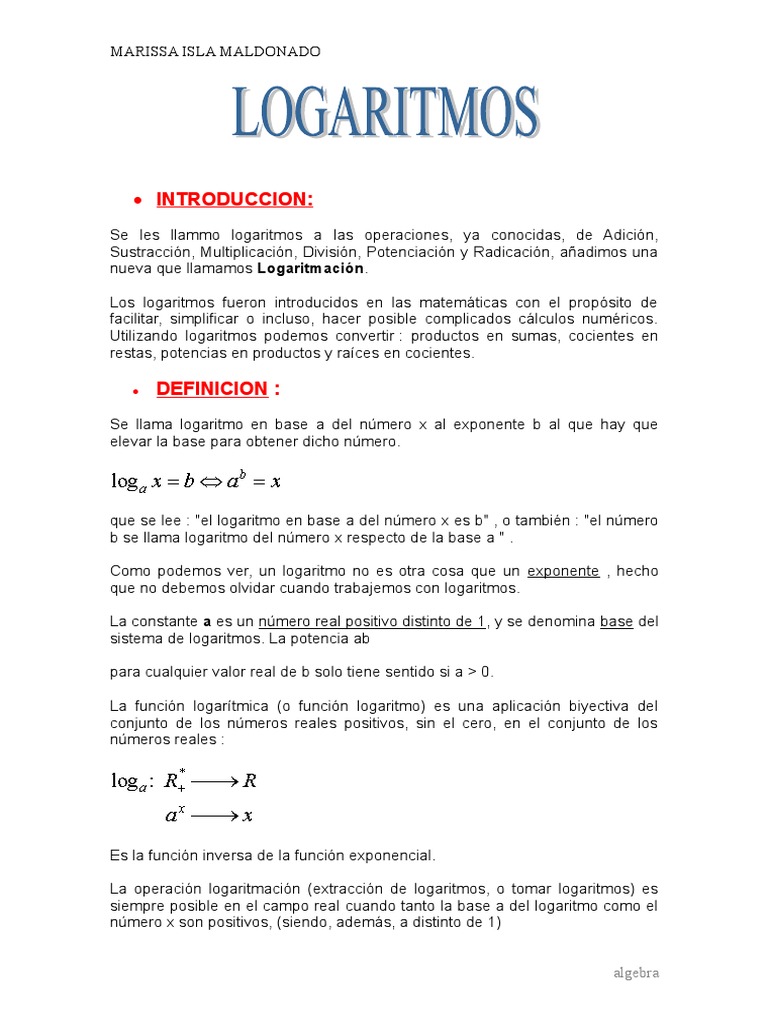 Mate - LOGARITMOS - Marissa Isla | PDF | Logaritmo | Exponenciación