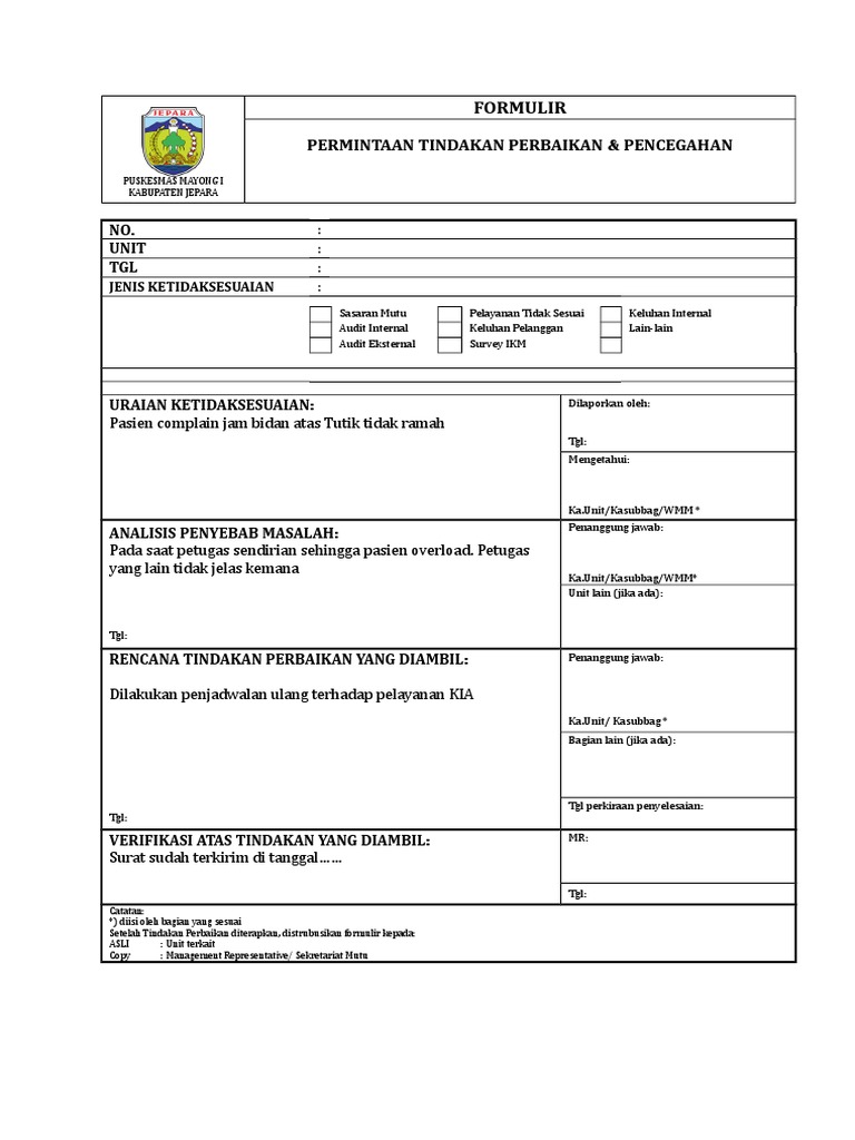 02-Formulir Permintaan Tindakan Perbaikan Dan Pencegahan | PDF
