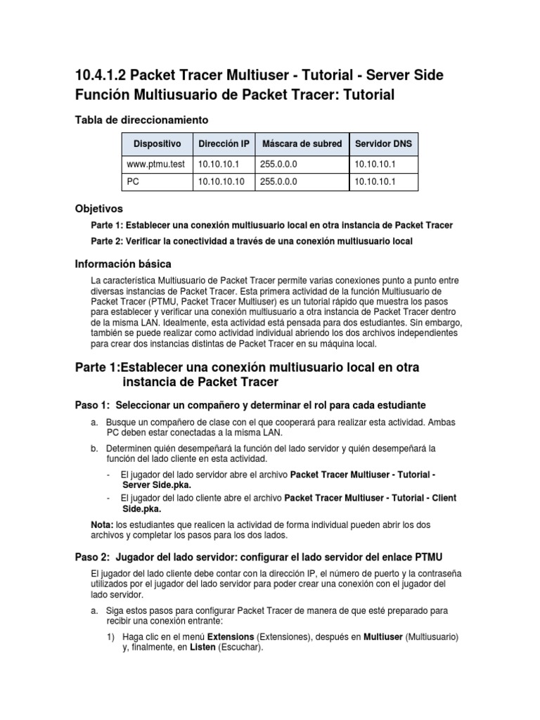 10.4.1.2 Packet Tracer Multiuser - Tutorial - Server Side | PDF | Dirección IP | Estándares de ...