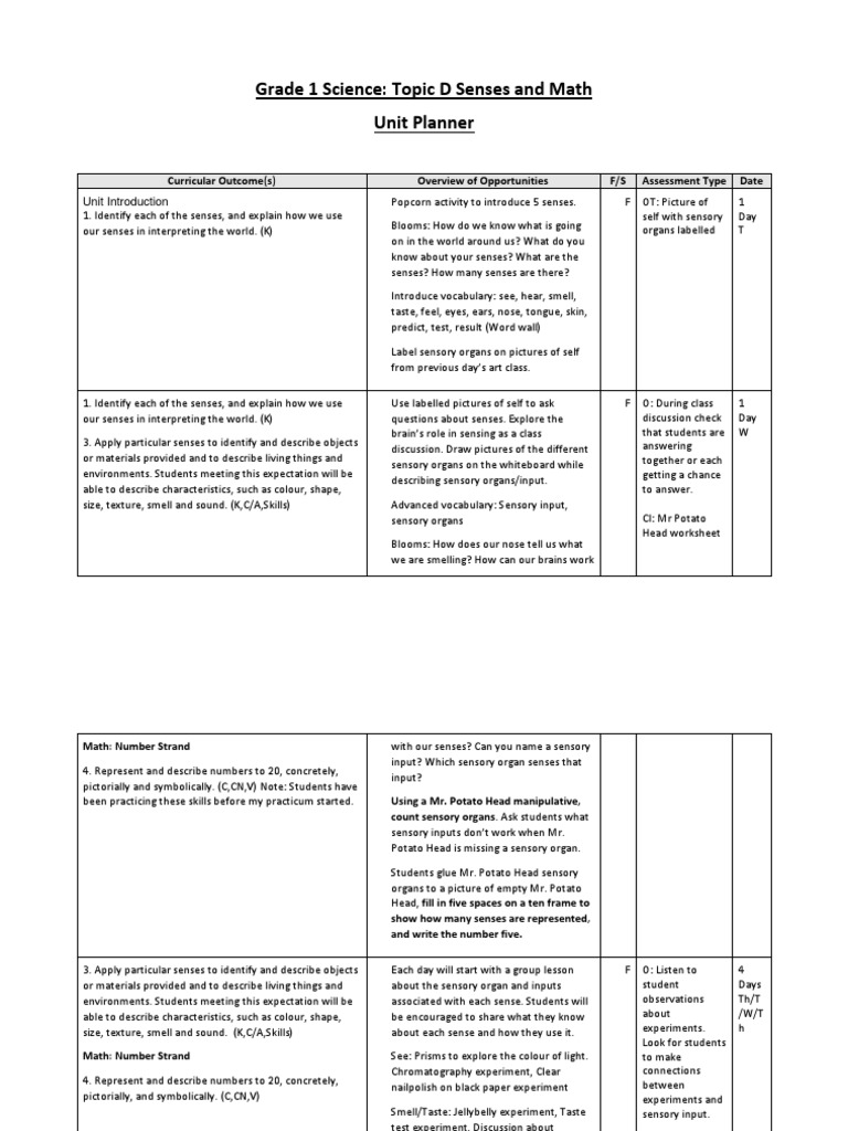 Final Grade 1 Science Unit Planner | Download Free PDF | Senses ...