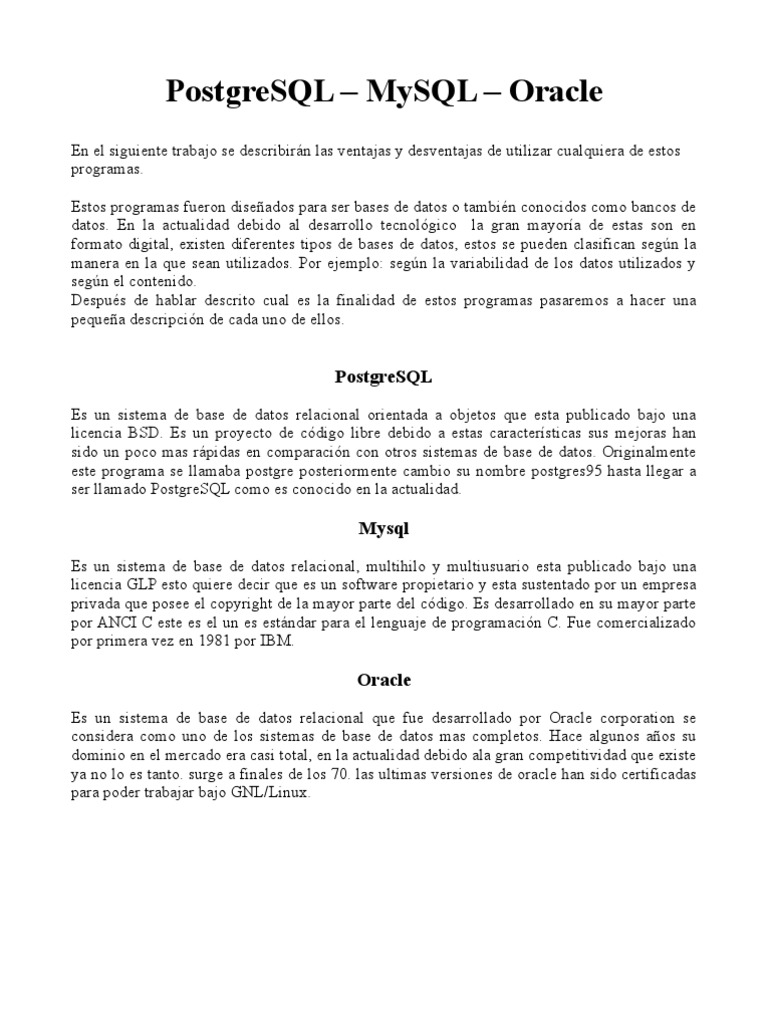 Diferencia Entre PostgreSQL MySQL Oracle | PDF | Postgre Sql | Mi sql