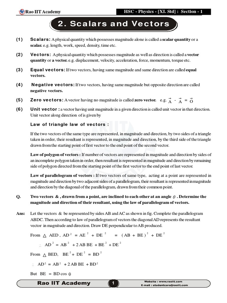 HSC 11 Scalars and Vectors Ch2 | PDF | Euclidean Vector | Cartesian ...