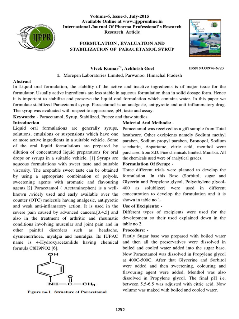 Formulation, Evaluation and Stabilization of Paracetamol Syrup | PDF ...