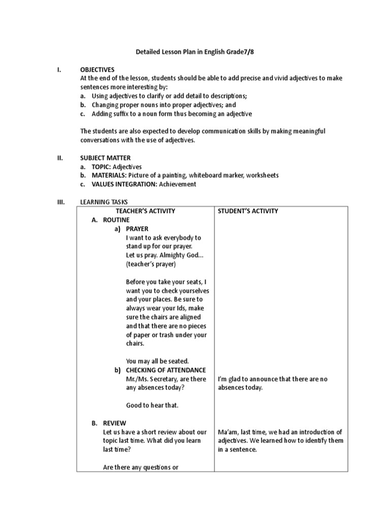 Lesson Plan in English Grade 8 | PDF | Adjective | Noun