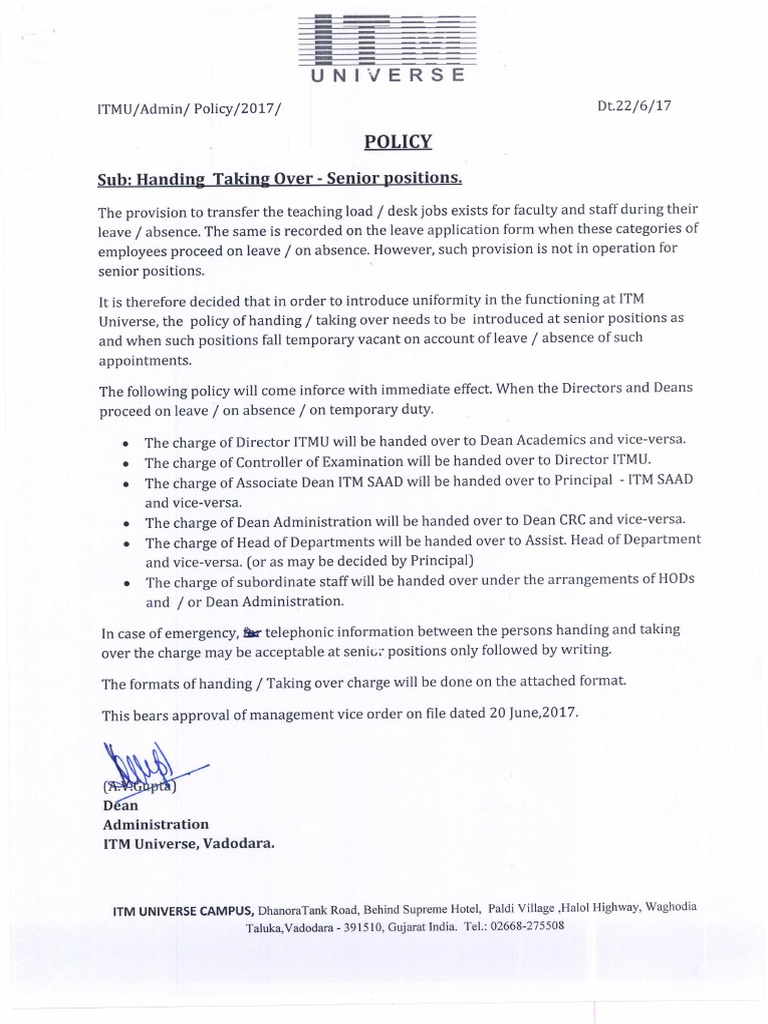 Handing - Taking Over Policy | PDF