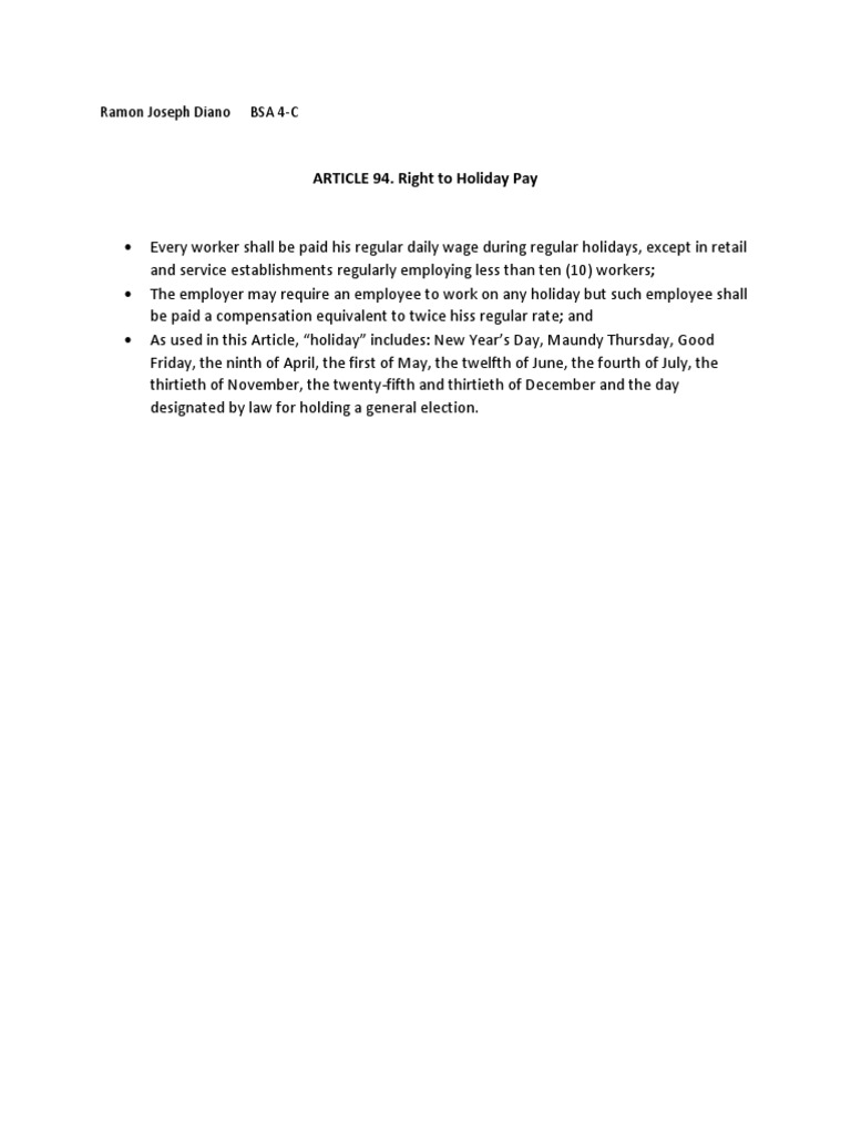 ARTICLE 94. Right To Holiday Pay: Ramon Joseph Diano Bsa 4-C | PDF | Law