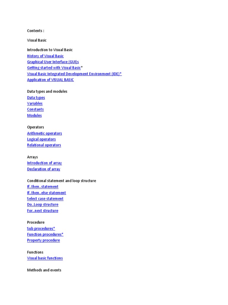Contents Visual Basic Introduction To Visual Basic Pdf Subroutine Variable Computer Science 