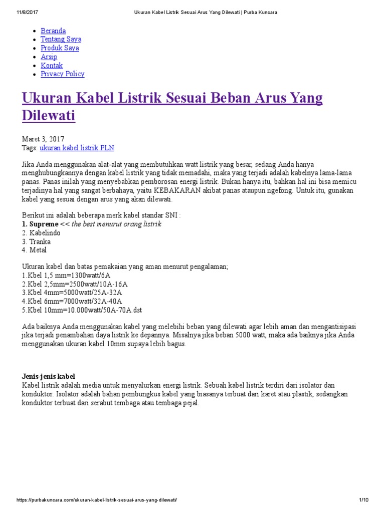 Ukuran Kabel Listrik Sesuai Arus Yang Dilewati - Purba Kuncara | PDF